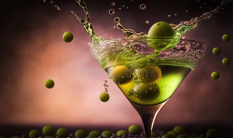 A Martini Glass Filled with Green Liquid and Olives Falling into it ...
