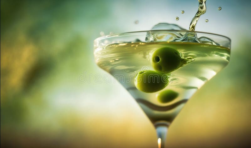 A Martini Glass Filled with Green Olives and a Splash of Water Stock ...