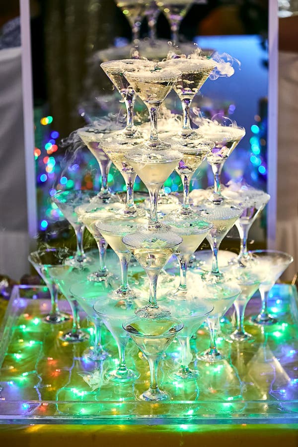 Martini Glasses in the Form of a Cascade or Pyramid Lit Light at the ...