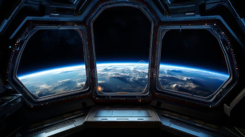 Cosmic Vista: Earth Viewed through the Window of a Space Station Stock Illustration ...