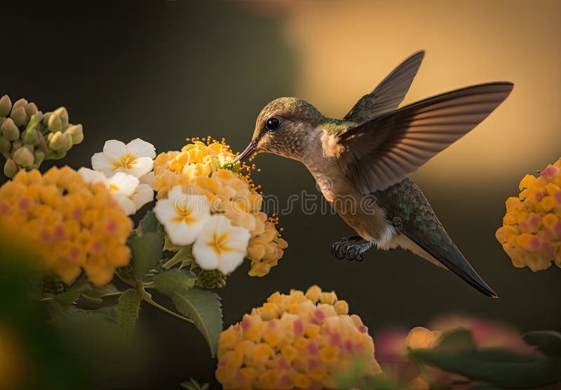 A Hummingbird Flying and Visiting the Yellow Flower To Drink and Feed ...