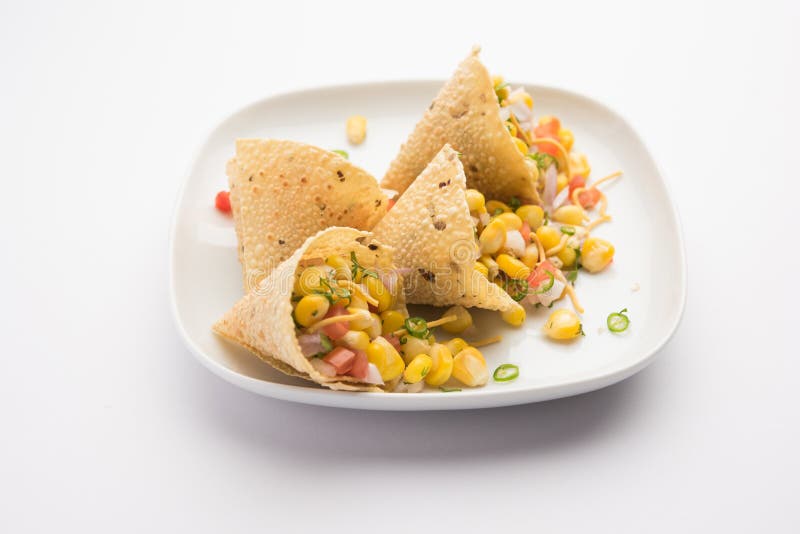Masala Corn Chat in Papad Cone, Indian Crunchy Snack Menu Stock Image ...