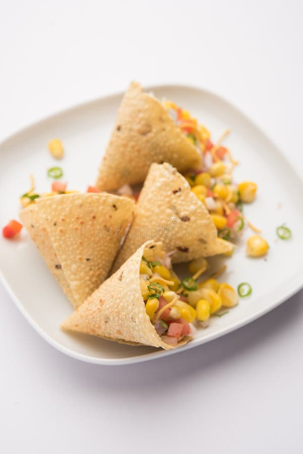 Masala Corn Chat in Papad Cone, Indian Crunchy Snack Menu Stock Image ...