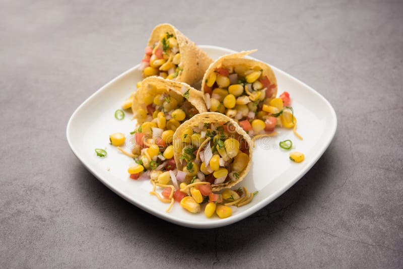 Masala Corn Chat in Papad Cone, Indian Crunchy Snack Menu Stock Image ...