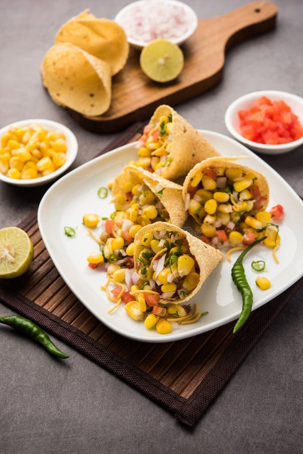 Masala Corn Chat in Papad Cone, Indian Crunchy Snack Menu Stock Photo ...