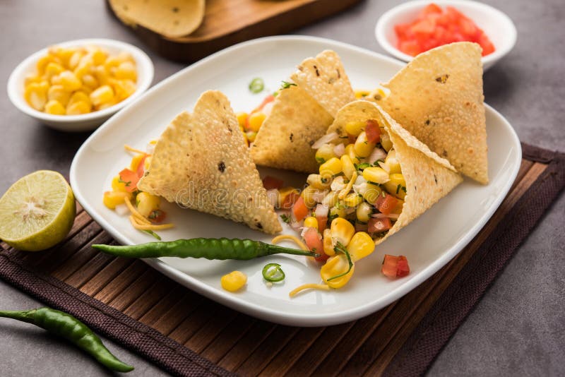 Masala Corn Chat in Papad Cone, Indian Crunchy Snack Menu Stock Image ...