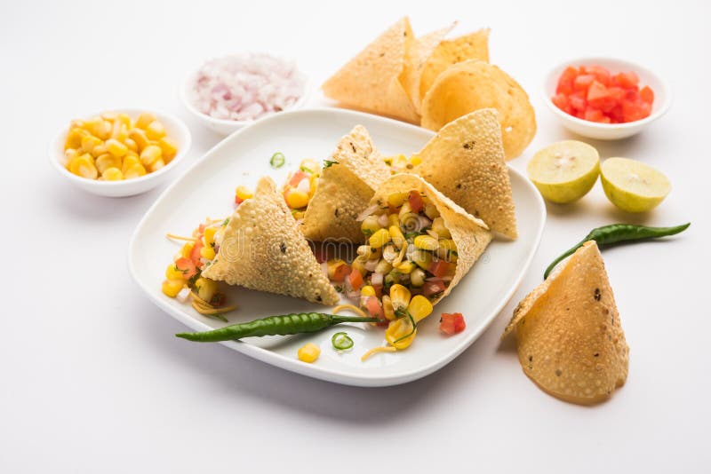Masala Corn Chat in Papad Cone, Indian Crunchy Snack Menu Stock Image ...