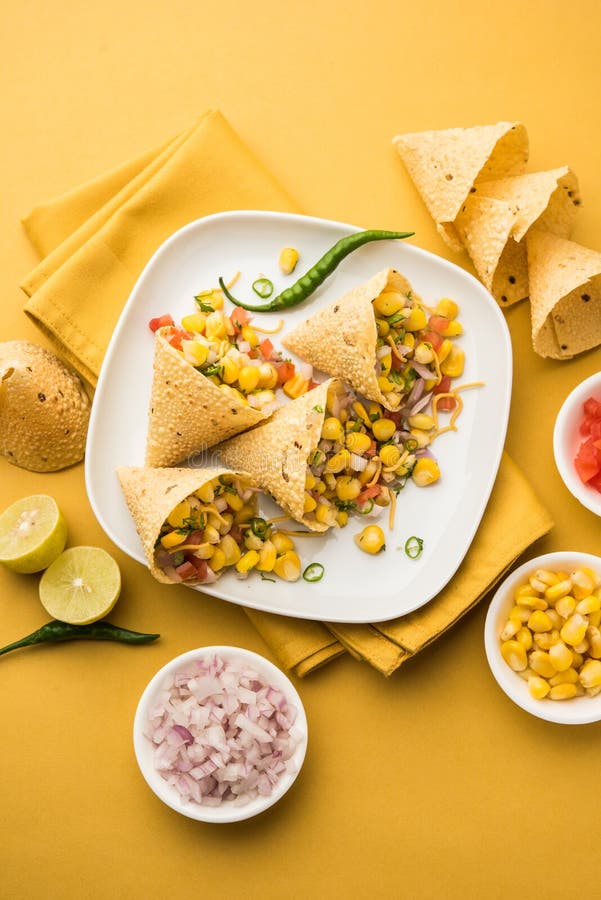 Masala Corn Chat in Papad Cone, Indian Crunchy Snack Menu Stock Photo ...