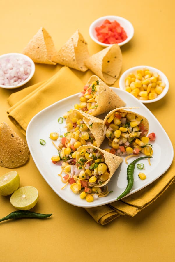 Masala Corn Chat in Papad Cone, Indian Crunchy Snack Menu Stock Photo ...