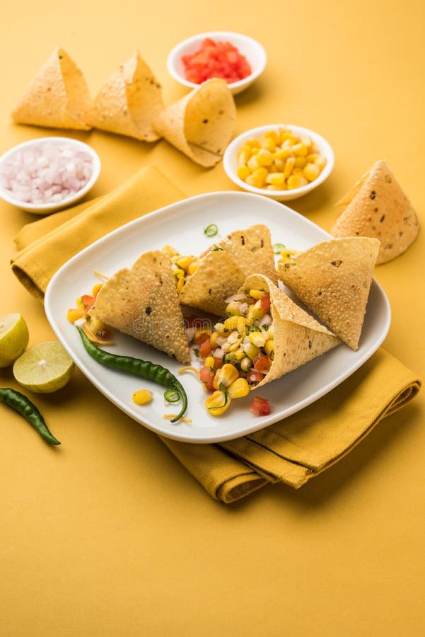 Masala Corn Chat in Papad Cone, Indian Crunchy Snack Menu Stock Image ...