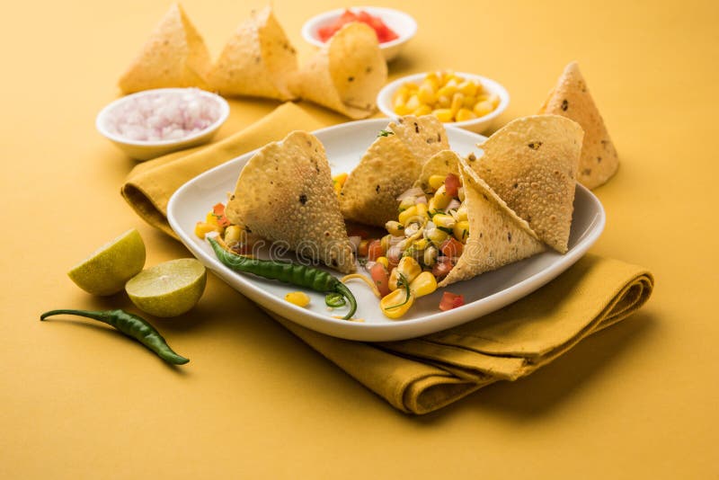 Masala Corn Chat in Papad Cone, Indian Crunchy Snack Menu Stock Image ...