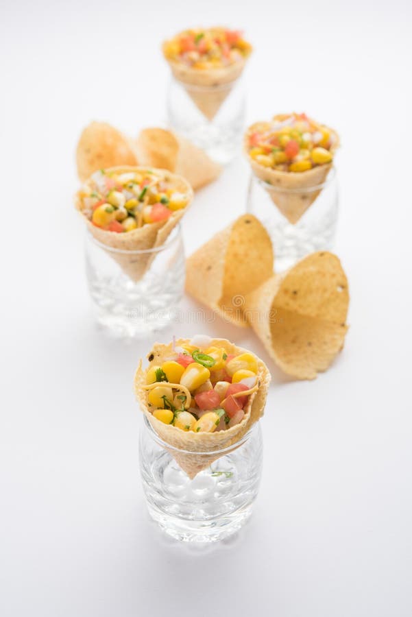 Masala Corn Chat in Papad Cone, Indian Crunchy Snack Menu Stock Image ...