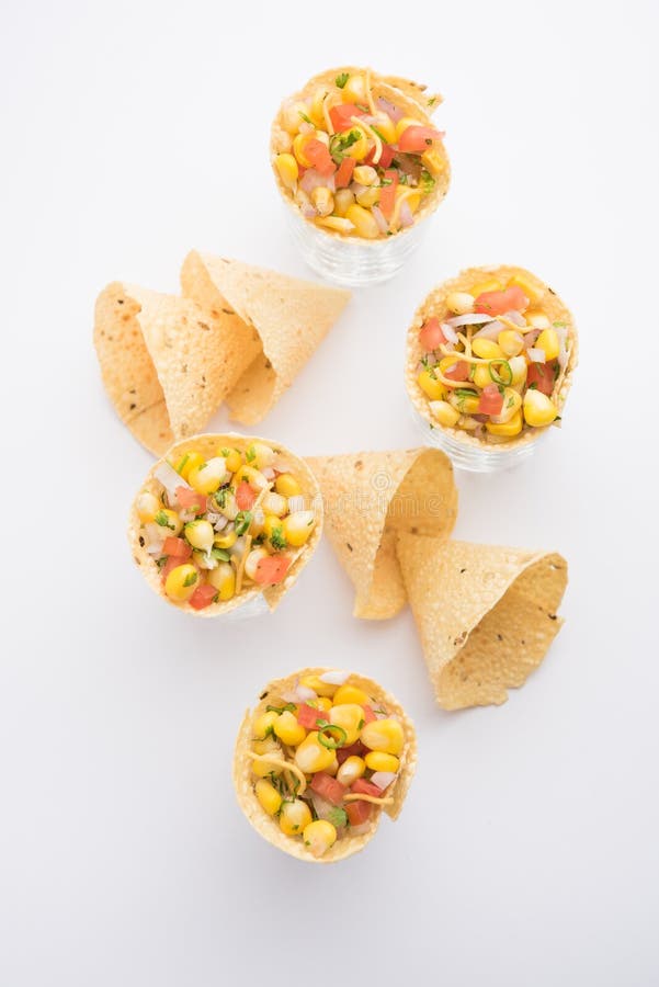 Masala Corn Chat in Papad Cone, Indian Crunchy Snack Menu Stock Image ...