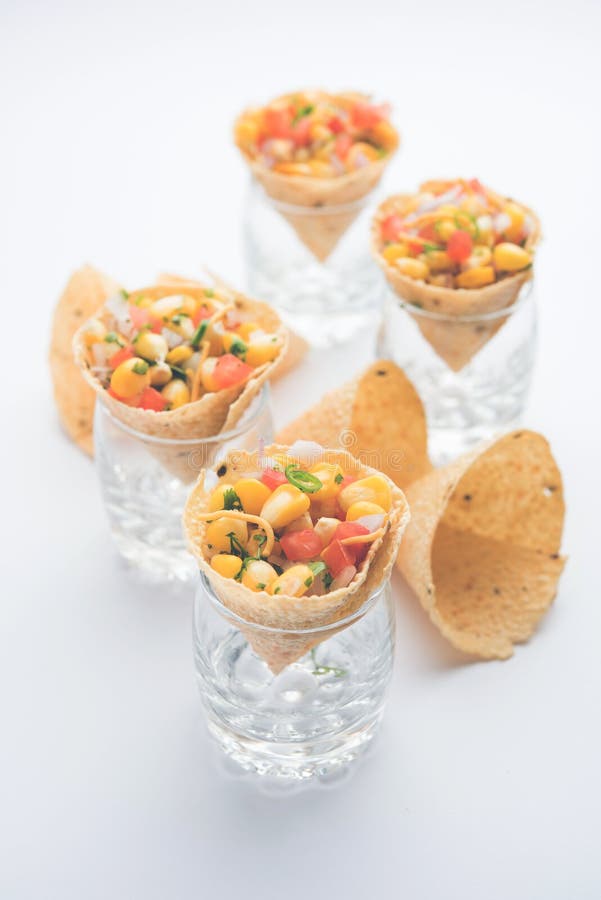 Masala Corn Chat in Papad Cone, Indian Crunchy Snack Menu Stock Photo ...