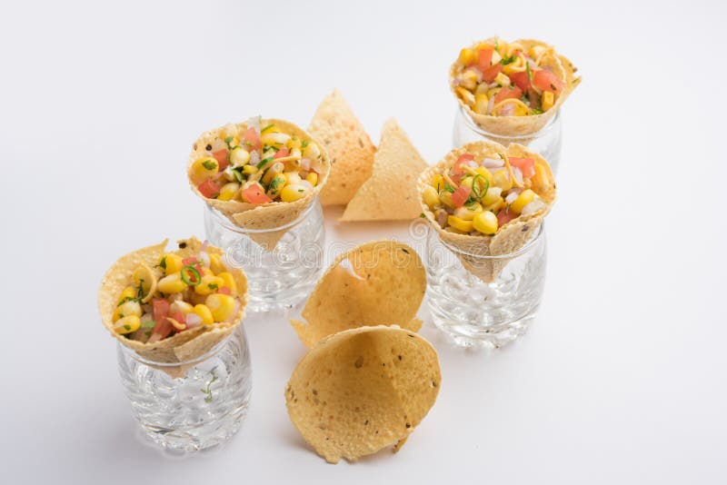 Masala Corn Chat in Papad Cone, Indian Crunchy Snack Menu Stock Photo ...