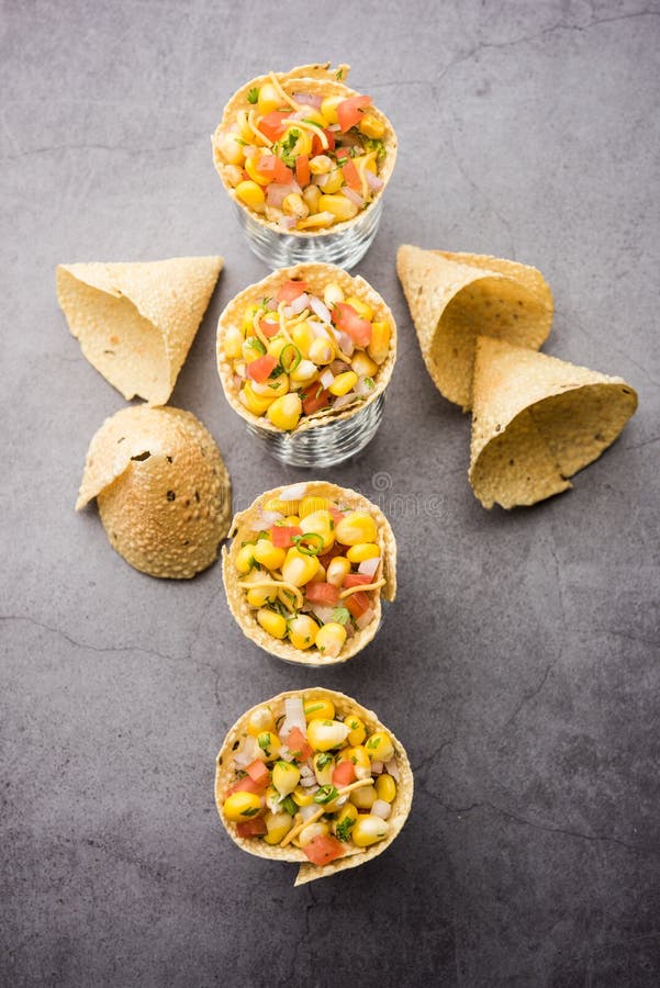 Masala Corn Chat in Papad Cone, Indian Crunchy Snack Menu Stock Image ...