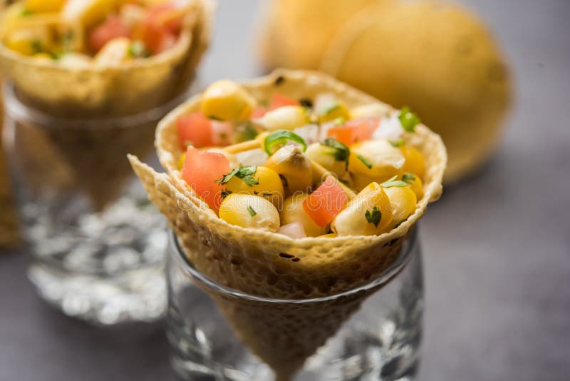 Masala Corn Chat in Papad Cone, Indian Crunchy Snack Menu Stock Photo ...