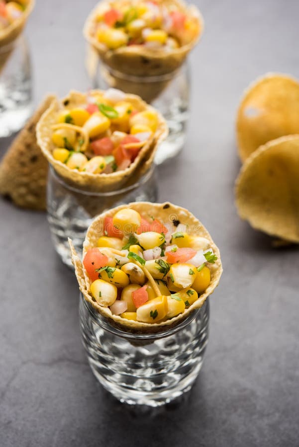 Masala Corn Chat in Papad Cone, Indian Crunchy Snack Menu Stock Image ...