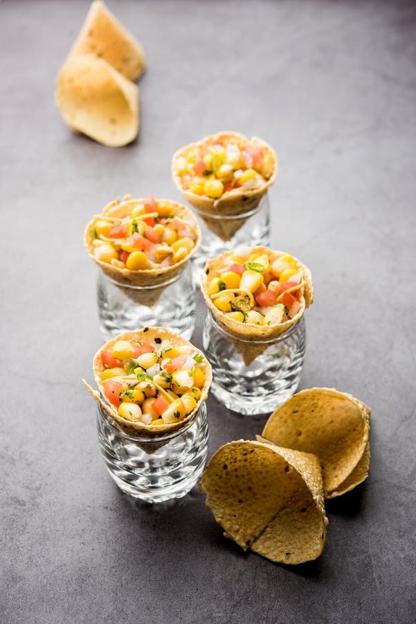 Masala Corn Chat in Papad Cone, Indian Crunchy Snack Menu Stock Image ...