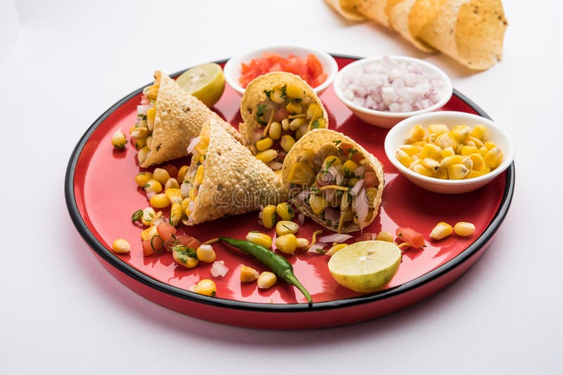 Masala Corn Chat in Papad Cone, Indian Crunchy Snack Menu Stock Image ...