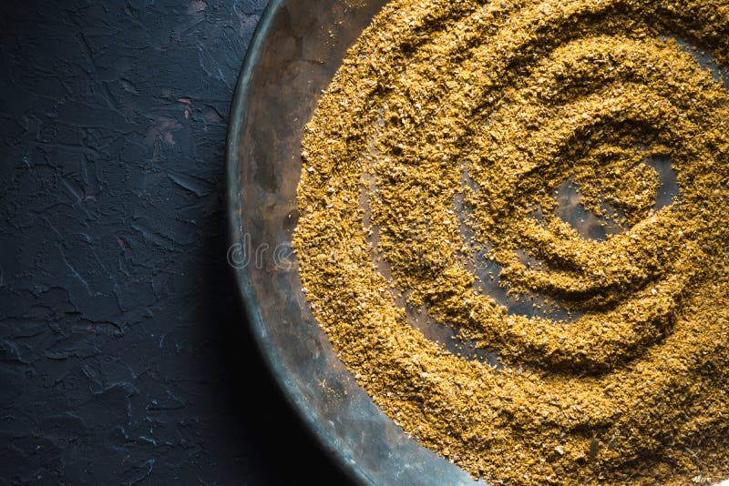 Masala Mix in the Metal Plate on the Dark Background Top View Stock ...
