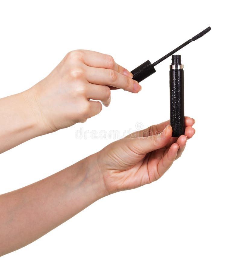 Mascara in Female Hands Isolated on White. Stock Image - Image of ...