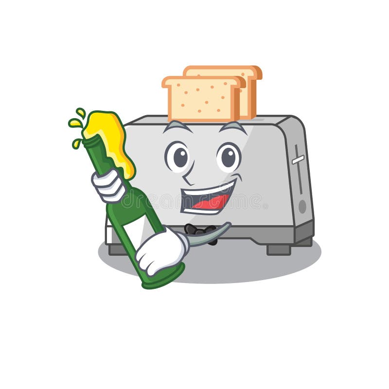 Mascot Cartoon Design of Bread Toaster with Bottle of Beer Stock Vector ...