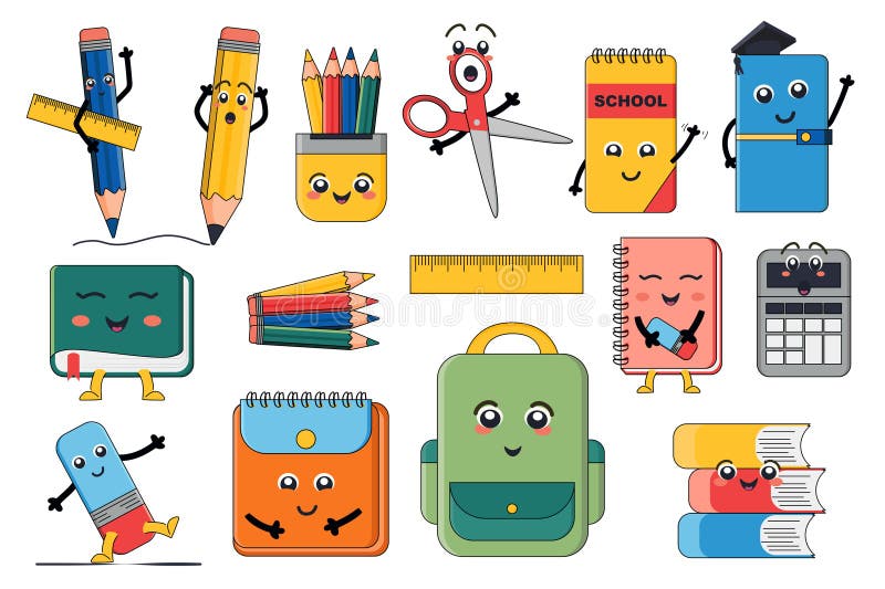 Mascot School Supplies Mega Set Elements in Flat Graphic Design. Bundle ...