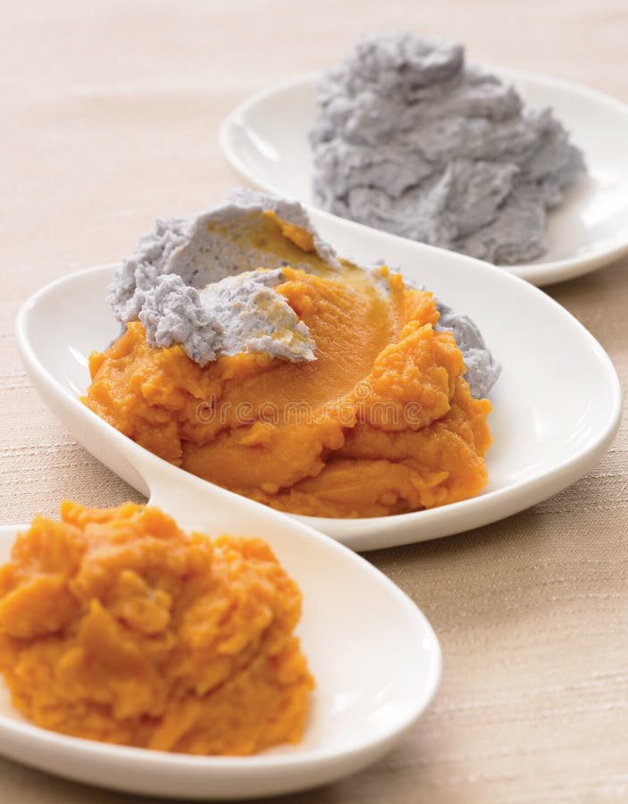 Mashed Blue and Sweet Potatoes with Bacon Stock Photo - Image of dish ...