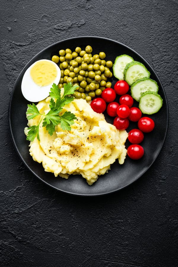 Mashed Potato with Green Peas, Tomatoes and Boiled Egg. Potato Puree on ...