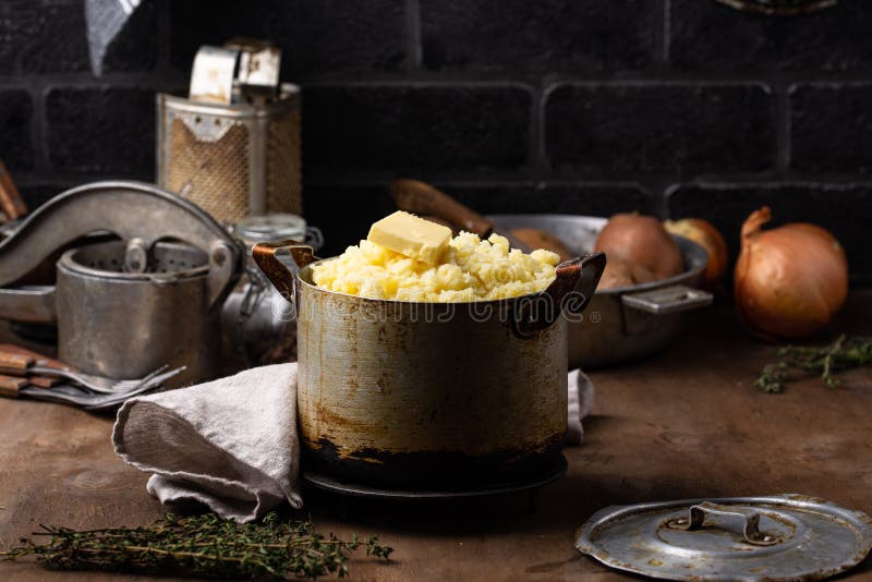 Mashed Potato in Old Vintage Pot Stock Photo - Image of dish, melted ...