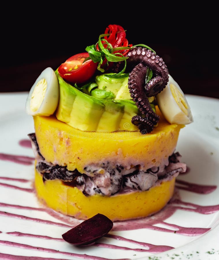 Mashed Potato Stuffed with Octopus Tentacles and Avocado Stock Image ...