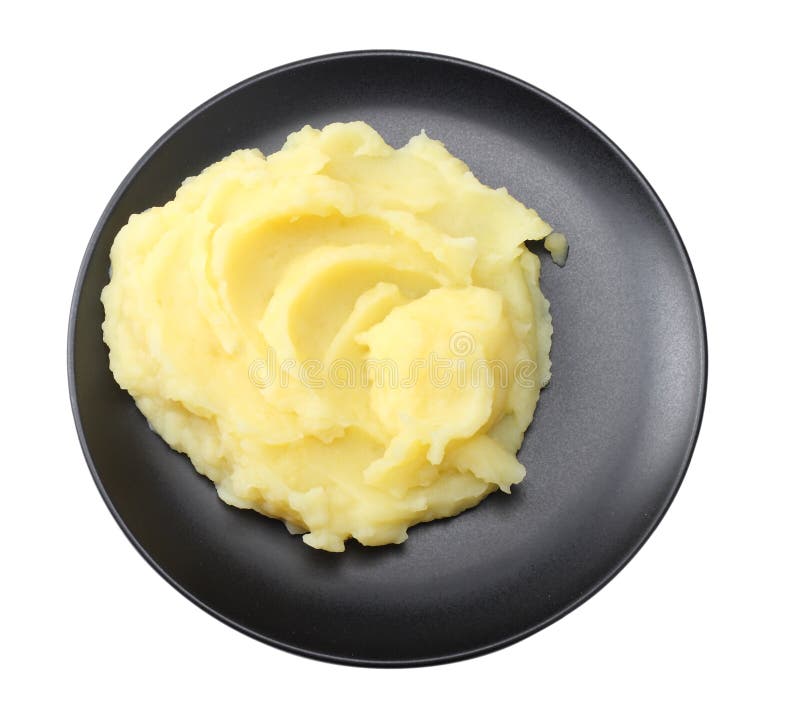 Mashed Potatoes on Black Plate Isolated on White Background. Top View ...