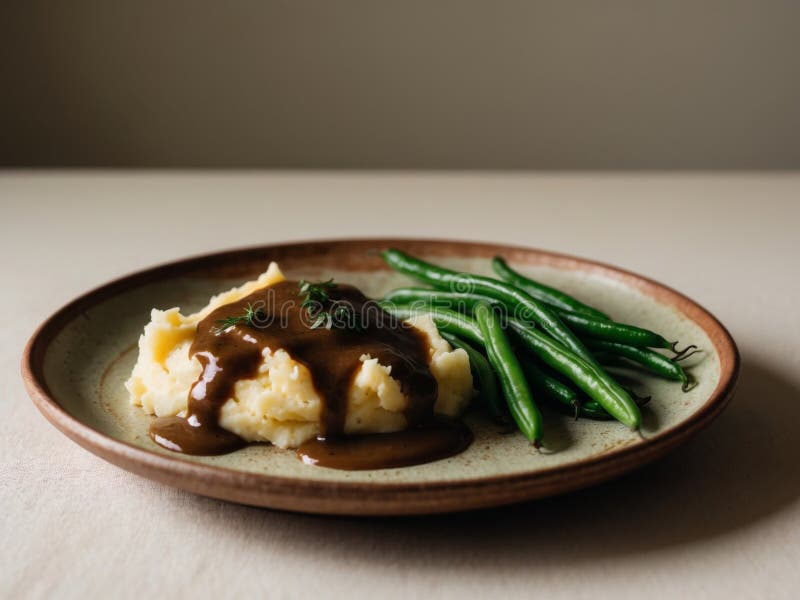 Mashed Potatoes with Gravy and Green Beans on a Rustic Plate. Stock ...