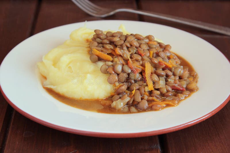 Mashed Potatoes, Gravy of Lentils and Vegetables Stock Photo - Image of ...
