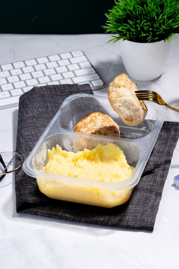 Mashed Potatoes and Meatballs in a Container. Healthy Snack at the ...