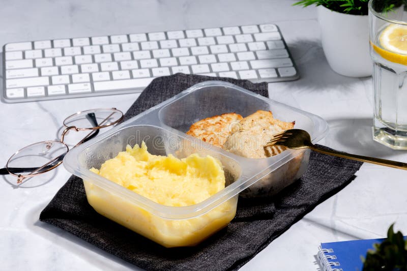 Mashed Potatoes and Meatballs in a Container. Healthy Snack at the ...