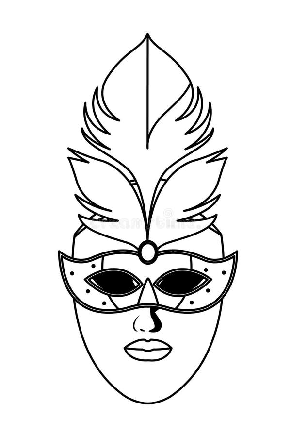 Mask with Feathers Black and White Stock Vector - Illustration of ...