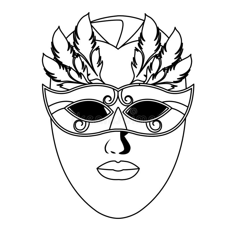 Mask with Feathers Black and White Stock Vector - Illustration of ...