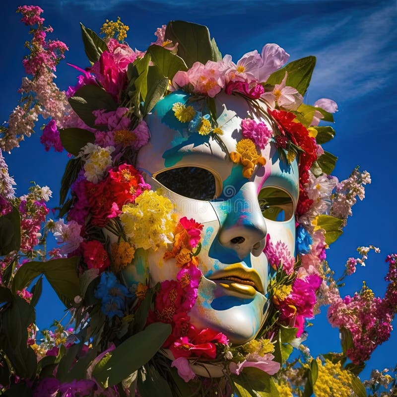 A Mask with Flowers on it and a Blue Sky in the Background Stock ...