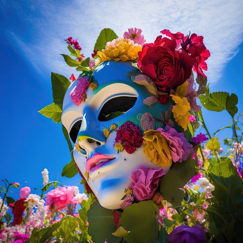 A Mask with Flowers on it is in the Middle of a Field Stock ...
