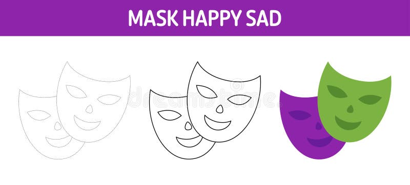 Mask Happy Sad Tracing and Coloring Worksheet for Kids Stock Vector ...