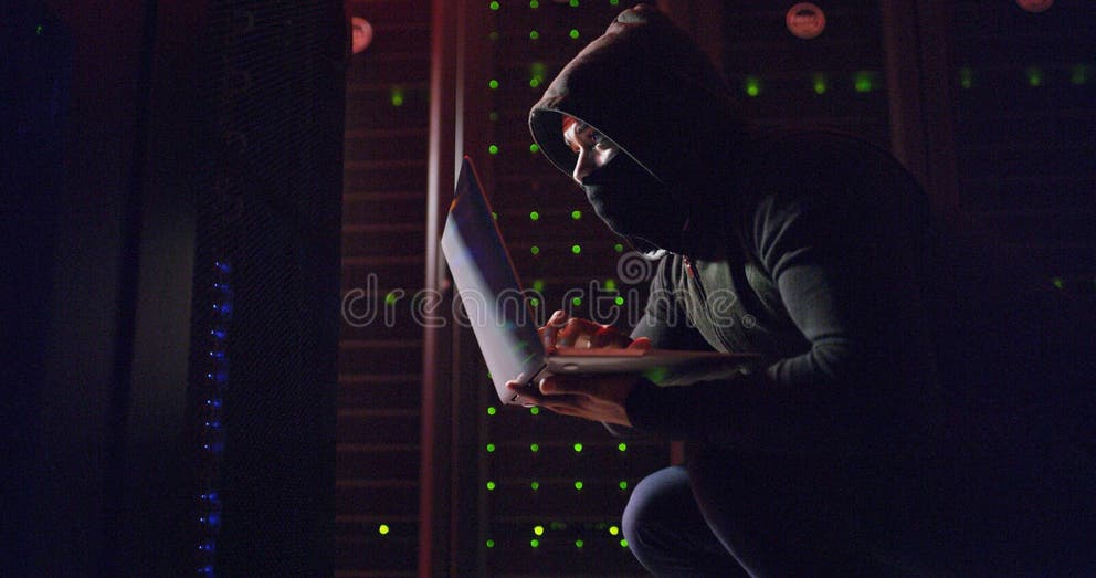 Mask, Man or Hacking with Laptop for Cybersecurity, Programming or ...