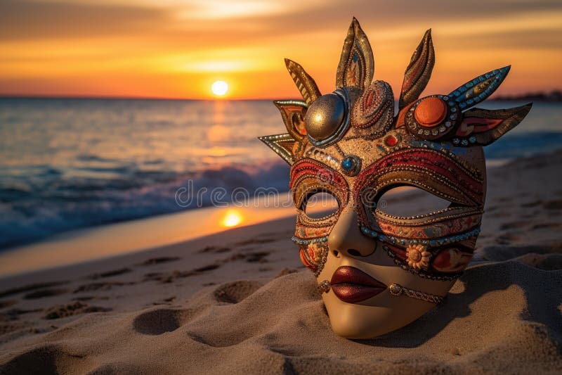 Mask on a Sandy Beach at Sunset Stock Photo - Image of vacation, beach ...