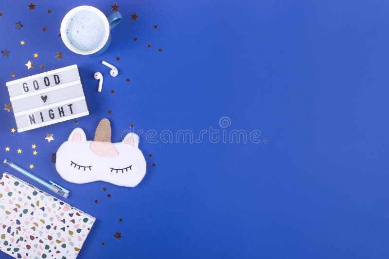 Evening Routine for a Healthy Sleep on a Blue Background. Stock Photo ...