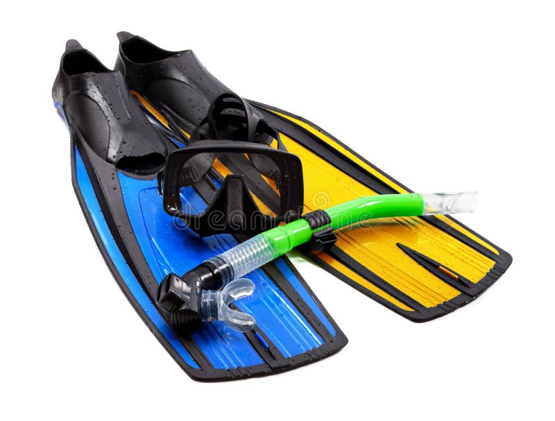 Mask, Snorkel and Flippers of Different Colors Stock Image - Image of ...