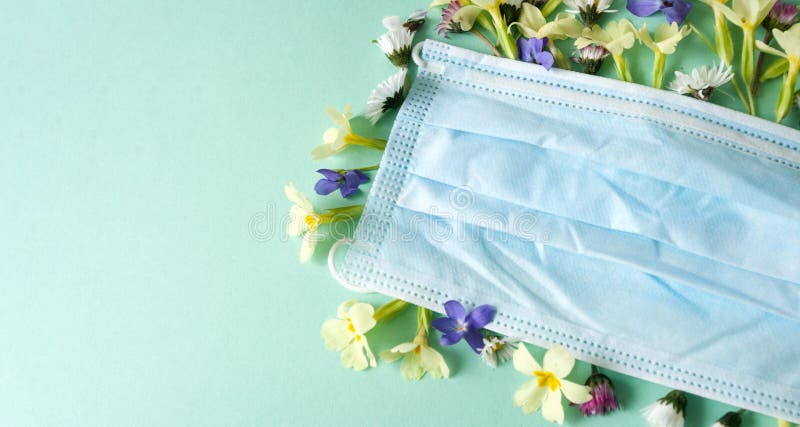 Mask Spring,protective Against Coronavirus. Herbal Flowers on Blue ...