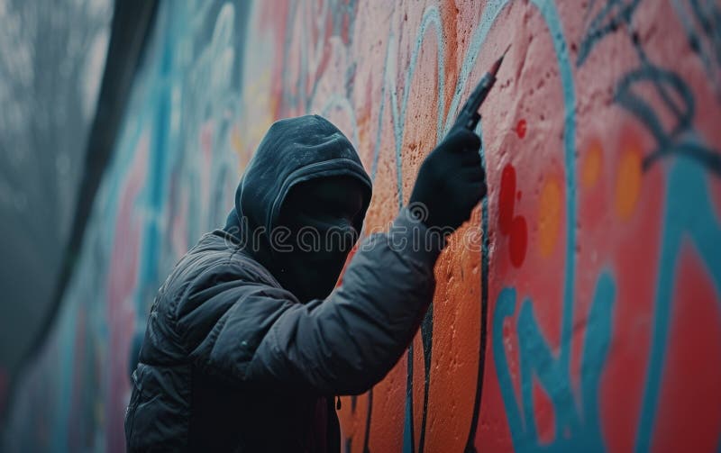 Masked Artist in the Process of Creating Vibrant Graffiti on an Urban ...