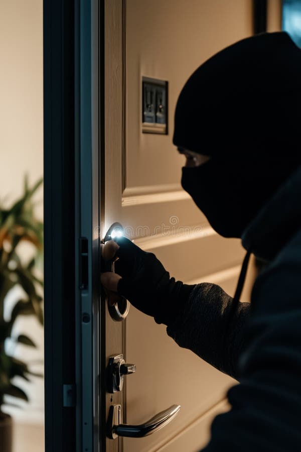 Masked Burglar is Picking Apartment Door Lock Using Flashlight at Night ...