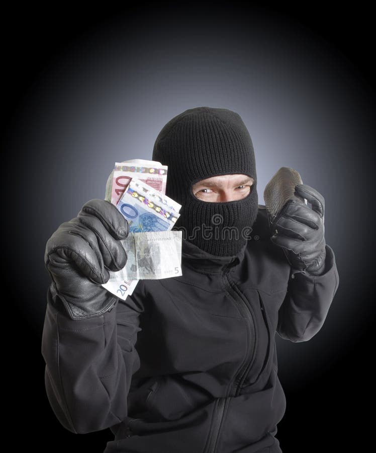 Masked Criminal Holding A Stolen Leather Purse Stock Photo - Image of ...